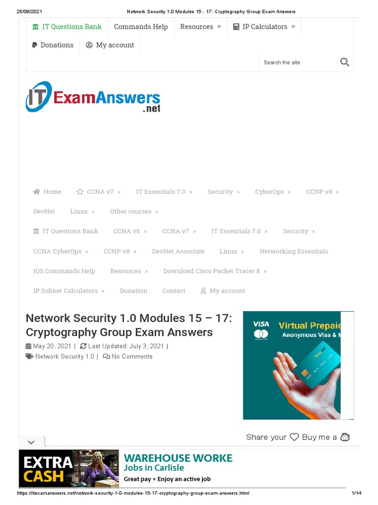 Network Security 1.0 Modules 15 - 17 - Cryptography Group Exam Answers | PDF | Cryptography ...
