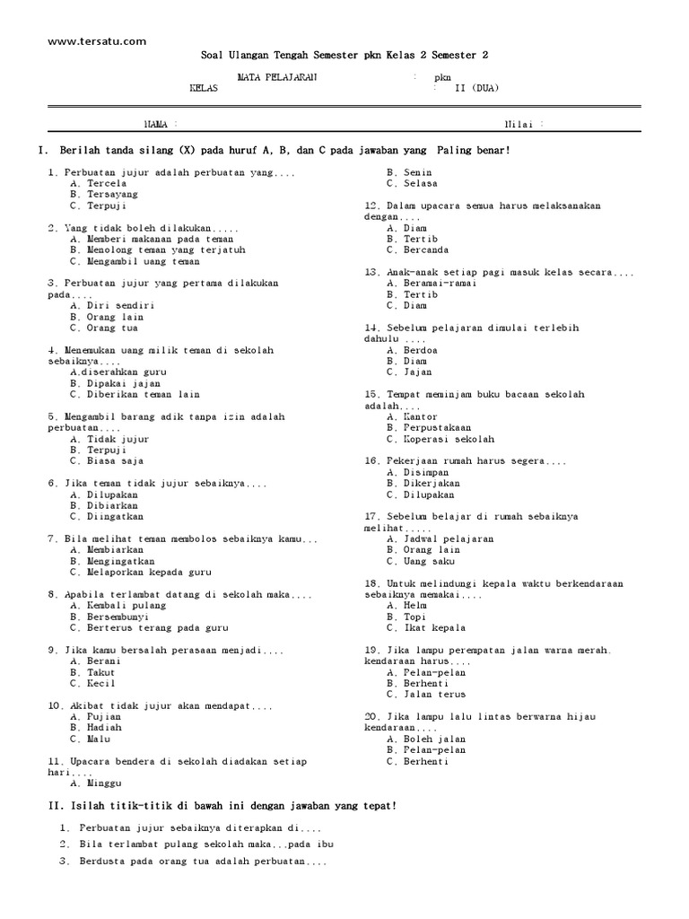 Soal UTS PKN Kelas 2 Semester 2 | PDF