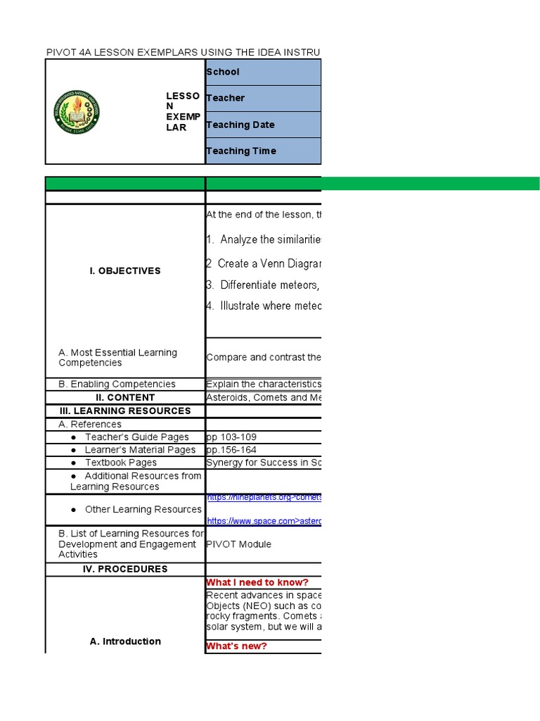 School Teacher Teaching Date Teaching Time Lesso N Exemp LAR | PDF ...