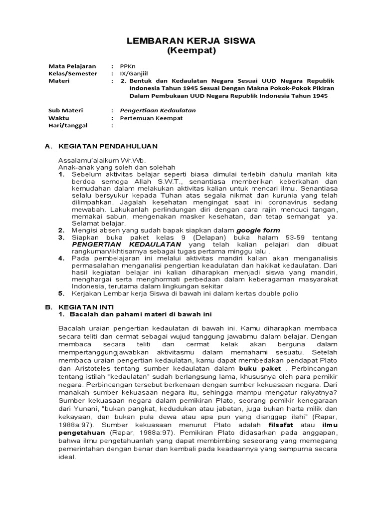 LKS 4 Kelas 9 Pengertian Kedaulatan | PDF