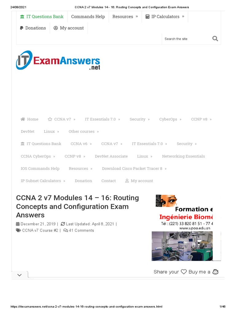 CCNA 2 v7 Modules 14 - 16 - Routing Concepts and Configuration Exam Answers | PDF | Router ...