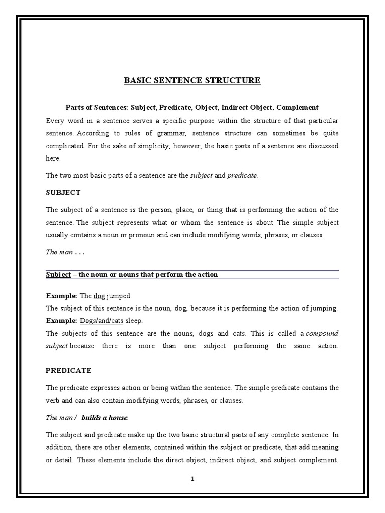 Basic Sentence Structure: Parts of Sentences: Subject, Predicate, Object, Indirect Object ...