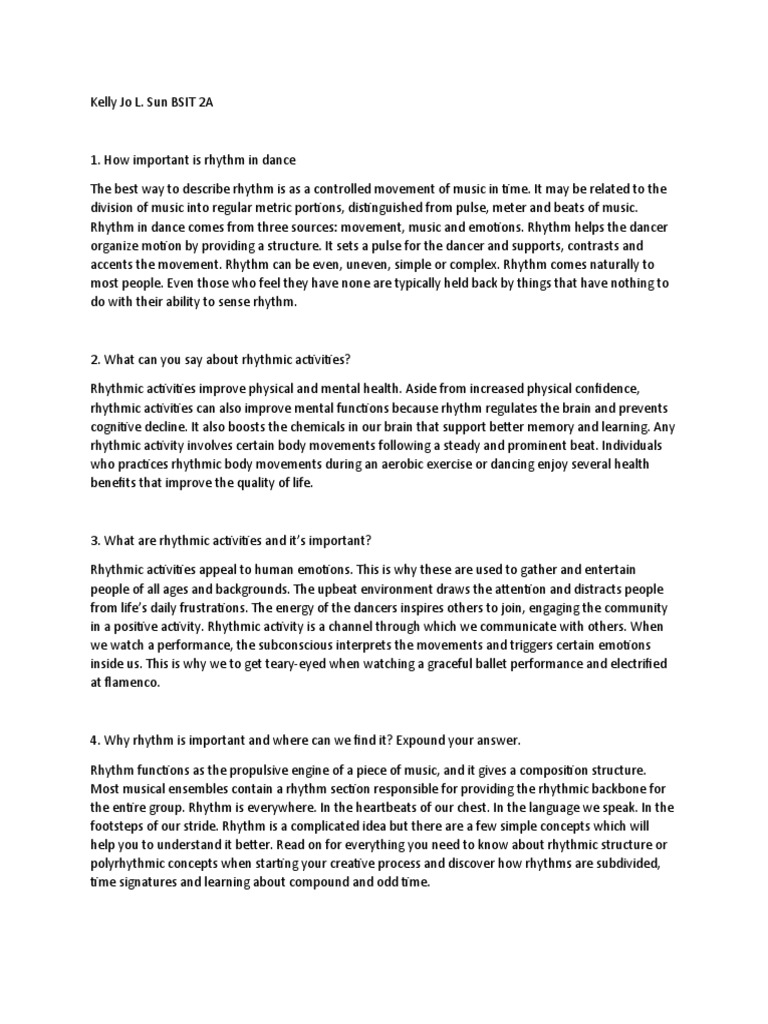 PHED 1002 Activity 1 of Chapter 1 Kelly Jo Sun. BSIT 2A | PDF | Rhythm | Dances