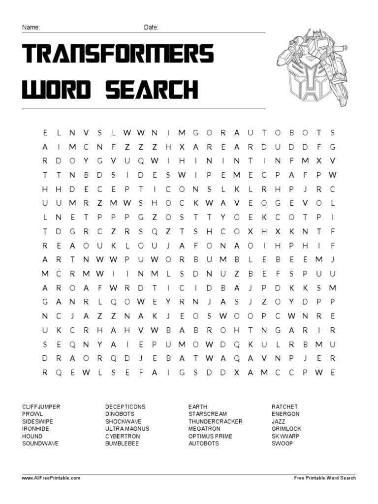 Transformers Word Search | PDF | American Comics Characters | Fictional ...