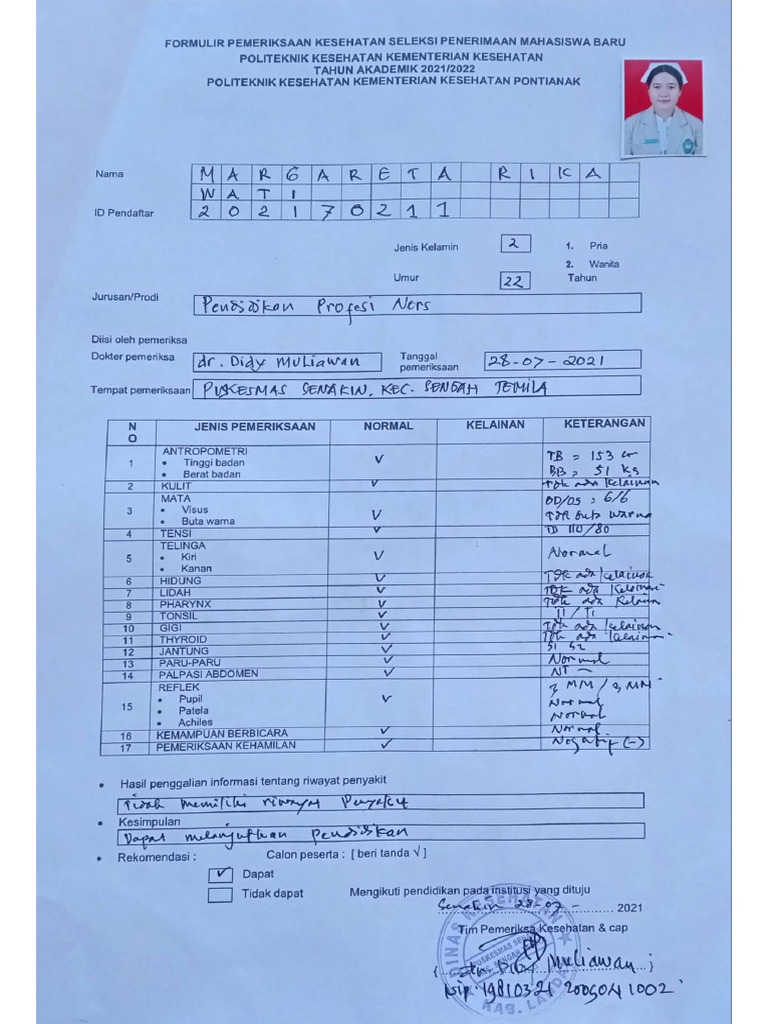 Formulir Tes Kesehatan Dan Surat Pernyataan Rika Daftar Ners | PDF