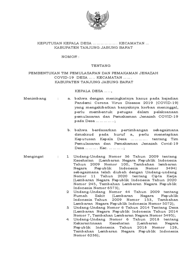 Contoh SK Tim Pemulasaran Dan Pemakaman Jenazah Covid | PDF