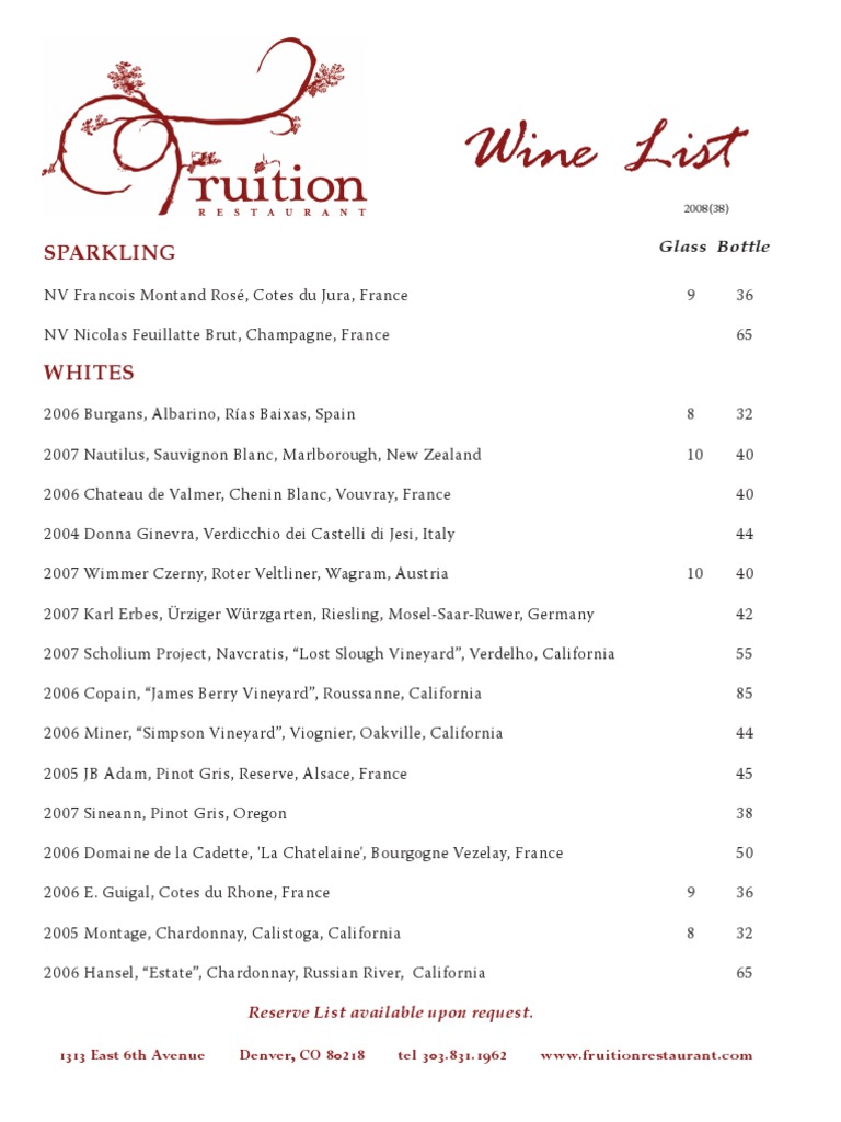 Fruition Restaurant Wine Menu | PDF | California Wine | Rose