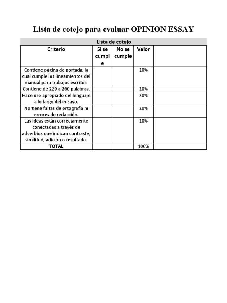 Lista de Cotejo para Evaluar Opinion Essay | PDF