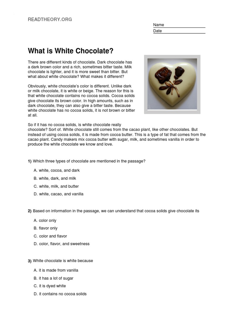 Quiz Worksheet | PDF | Chocolate | Food And Drink
