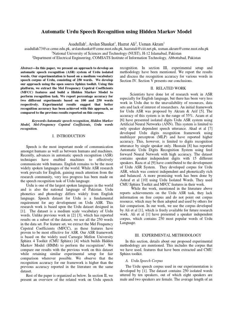 Automatic Urdu Speech Recognition Using | PDF | Speech Recognition ...
