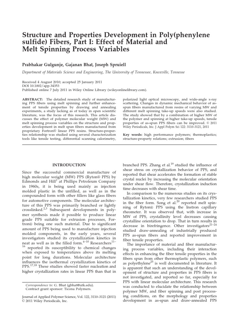 Structure and Properties Development in Poly (Phenylene Sulfide) Fibers, Part I: Effect of ...