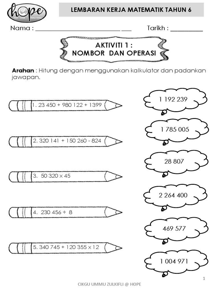 Worksheet Math Tahun 6 (Nombor Dan Operasi) | PDF