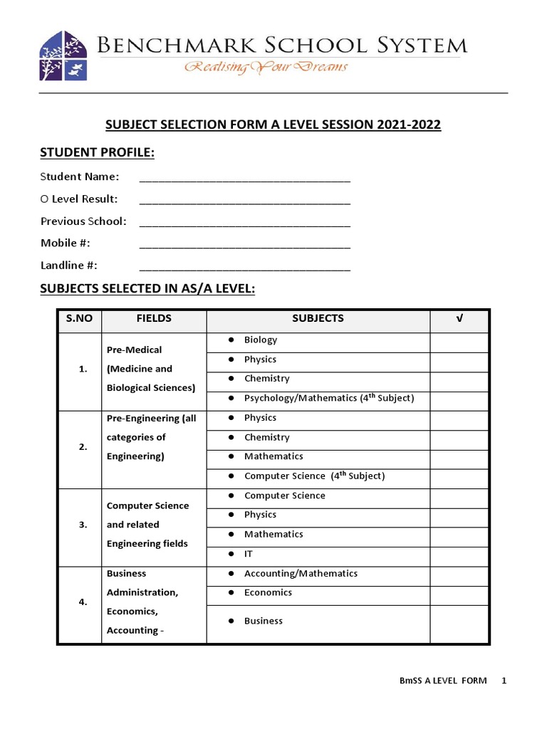 A-Level Subject Selection Form | PDF | Science | Academia