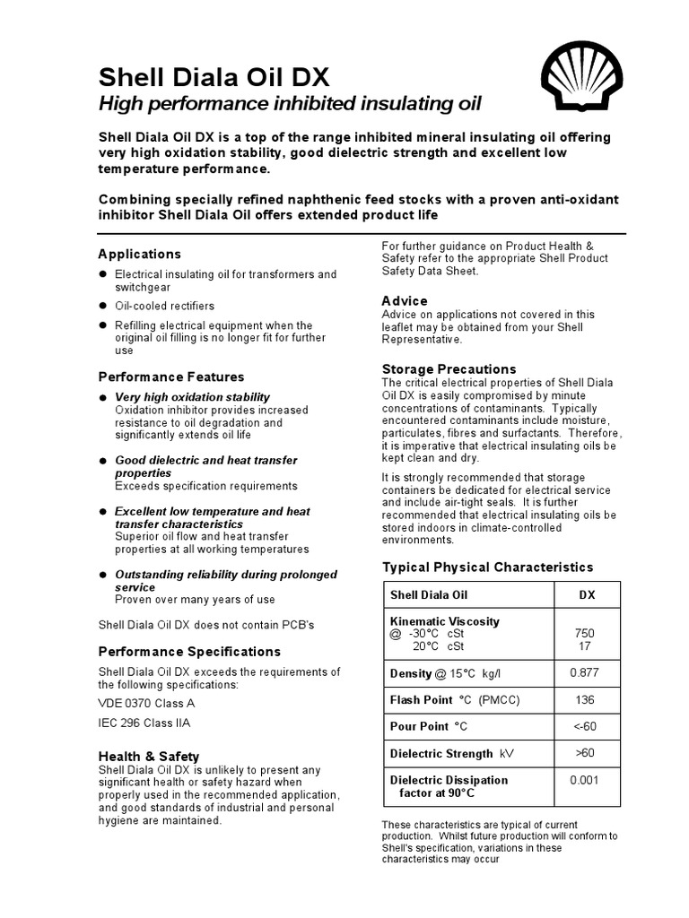Shell Diala Oil DX: High Performance Inhibited Insulating Oil | PDF ...