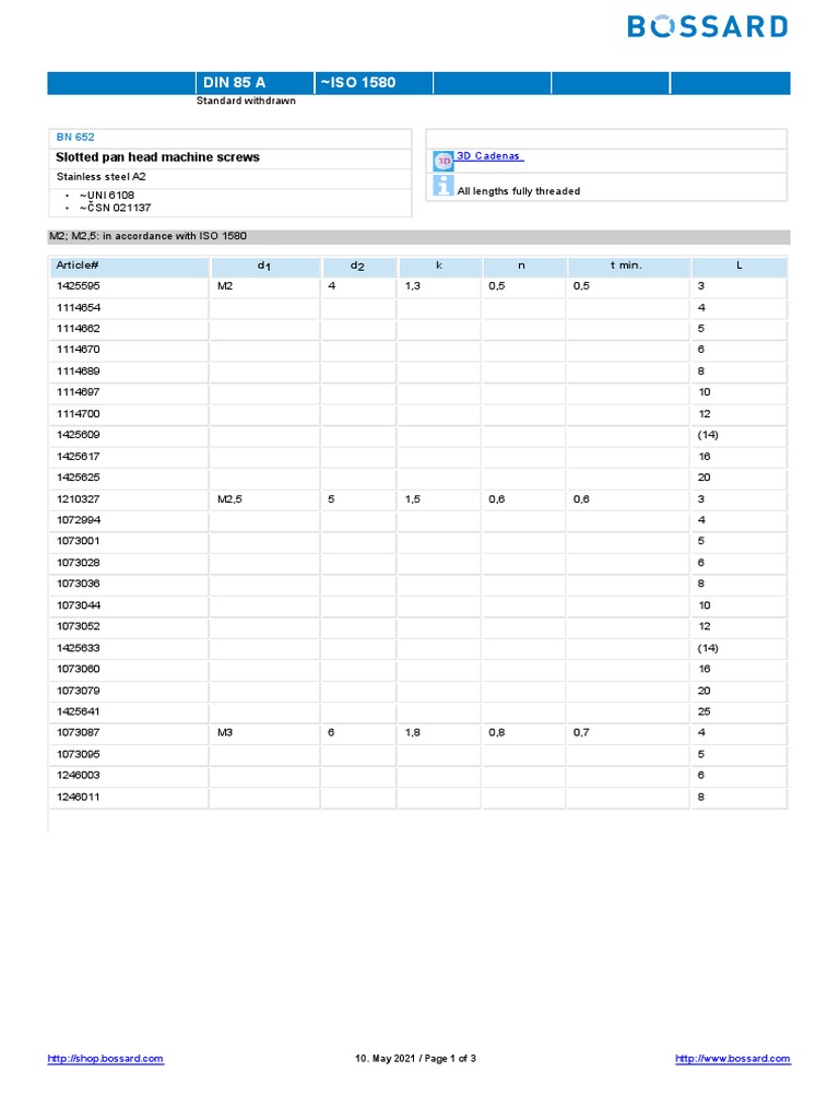 Din 85 A ISO 1580: Slotted Pan Head Machine Screws | PDF
