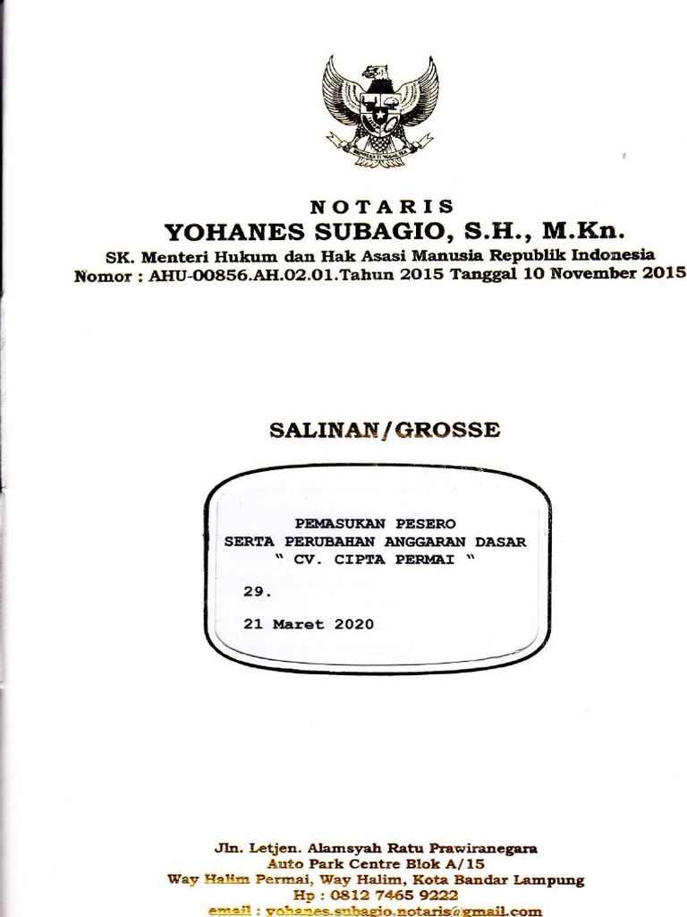 Akta Perubahan Cv. Cipta Permai (21 Maret 2020) | PDF