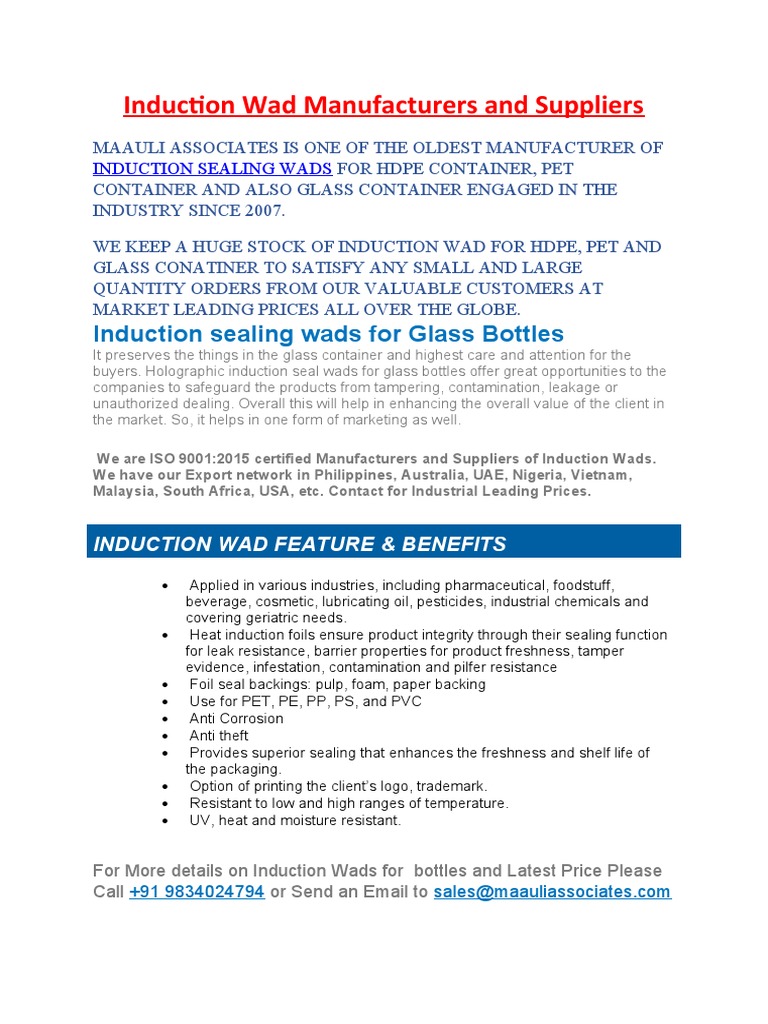 Induction Wad Manufacturers and Suppliers | PDF