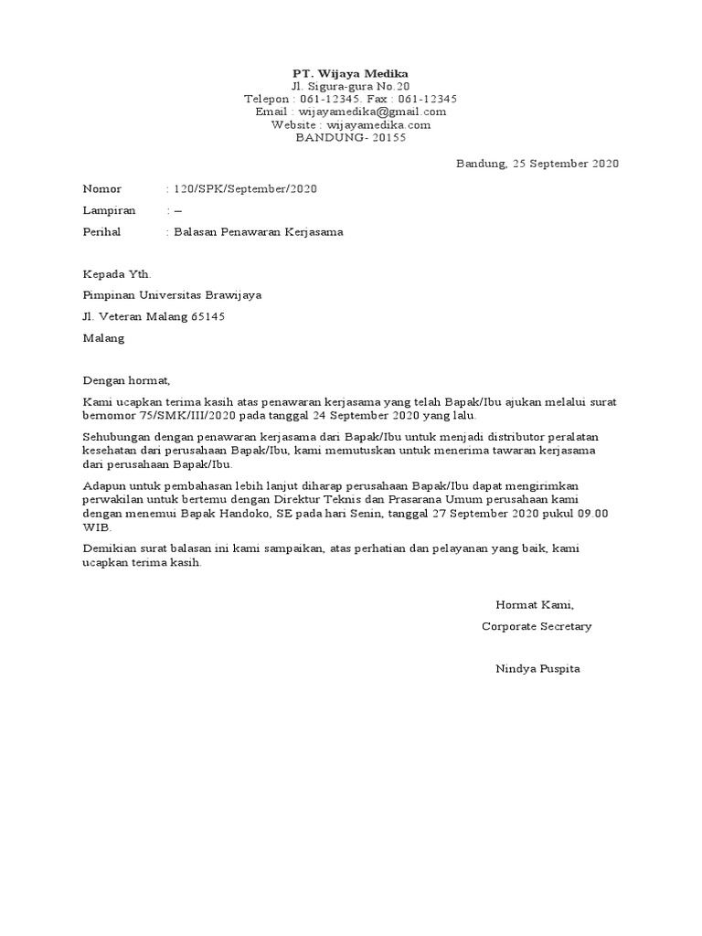 Surat Balasan Penawaran Kerjasama | PDF