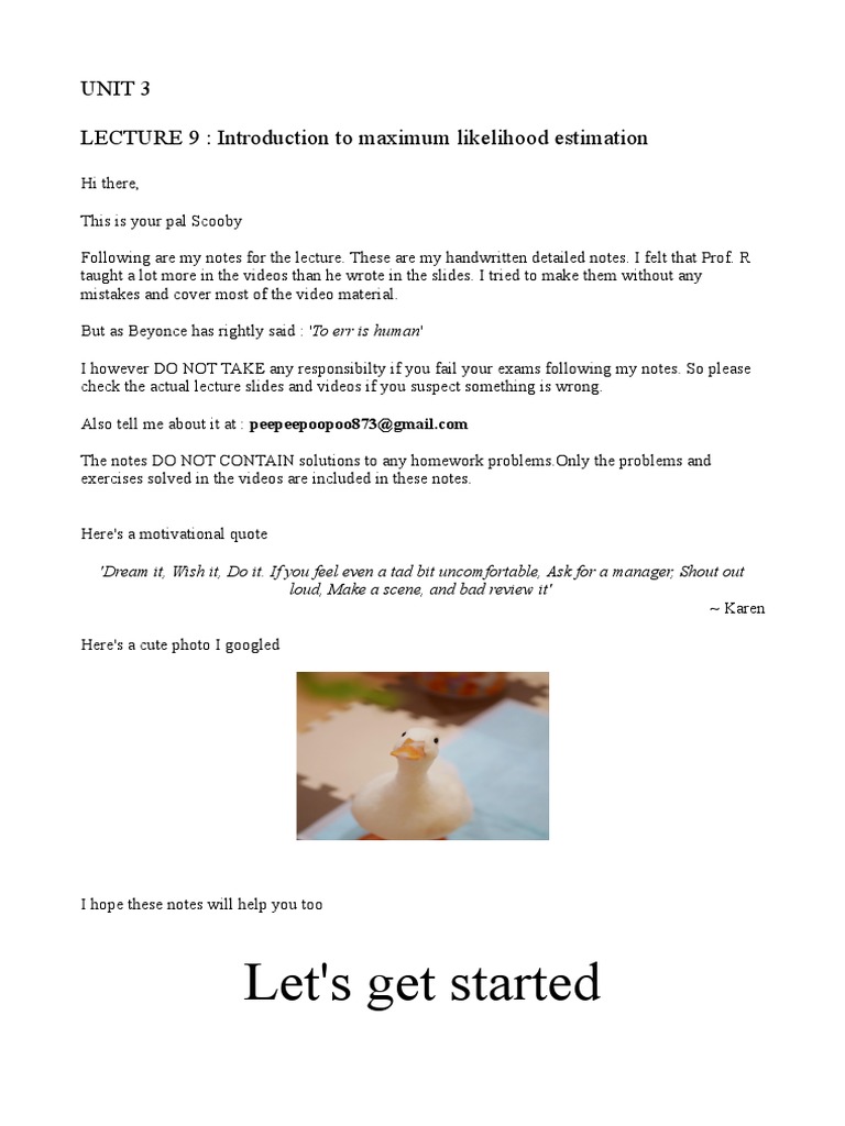 Lets Get Started Unit 3 Lecture 9 Introduction To Maximum Likelihood Estimation Pdf 