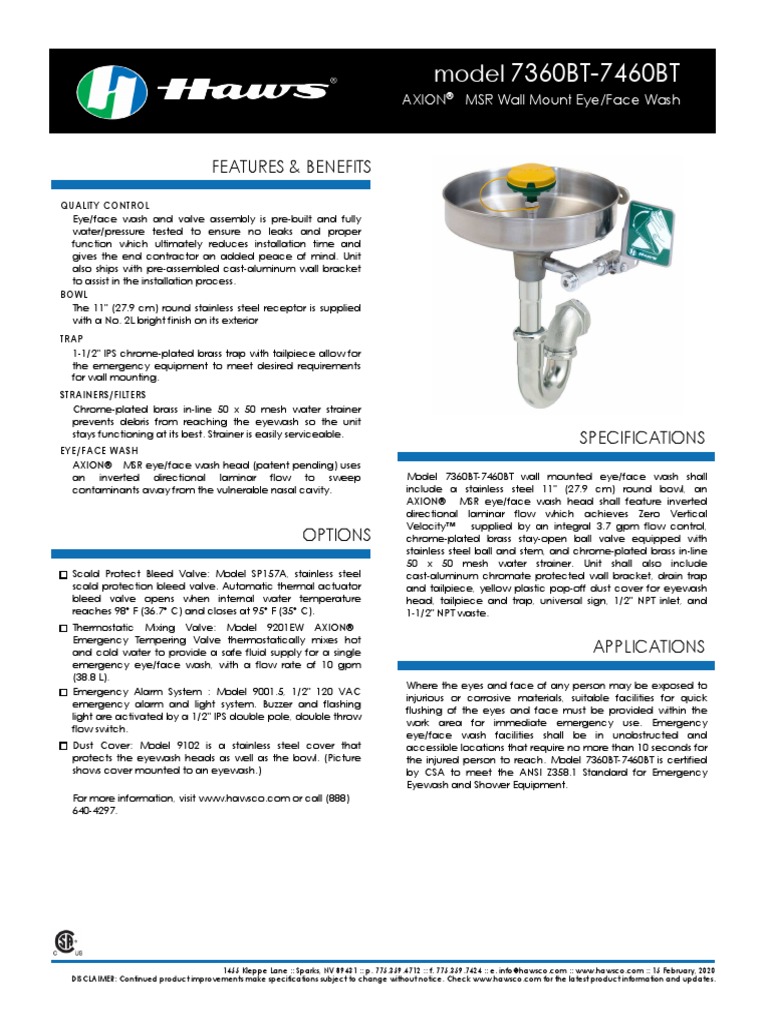 Haws Part 7360bt 7460bt Specsheet PDF | PDF | Valve | Mechanical ...