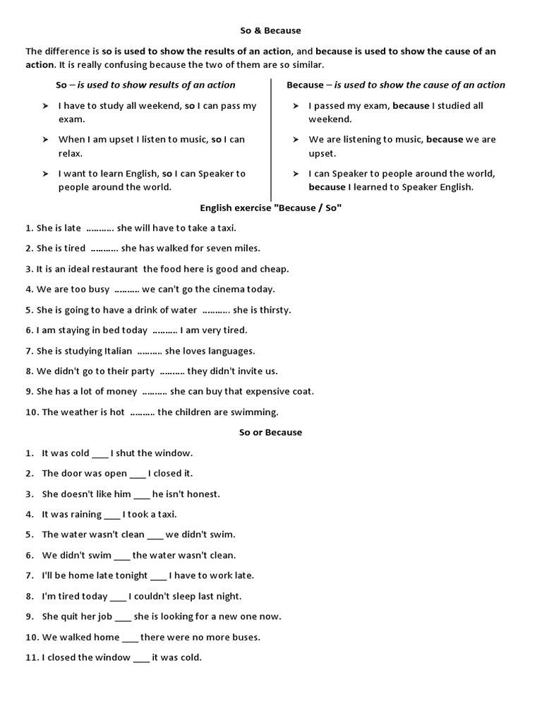 So Because Worksheet 77174 | PDF