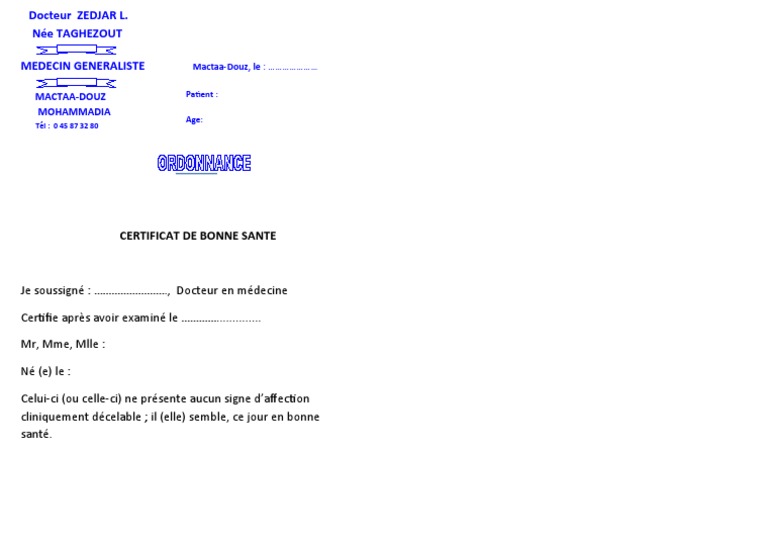 Certificat de Bonne Santé | PDF