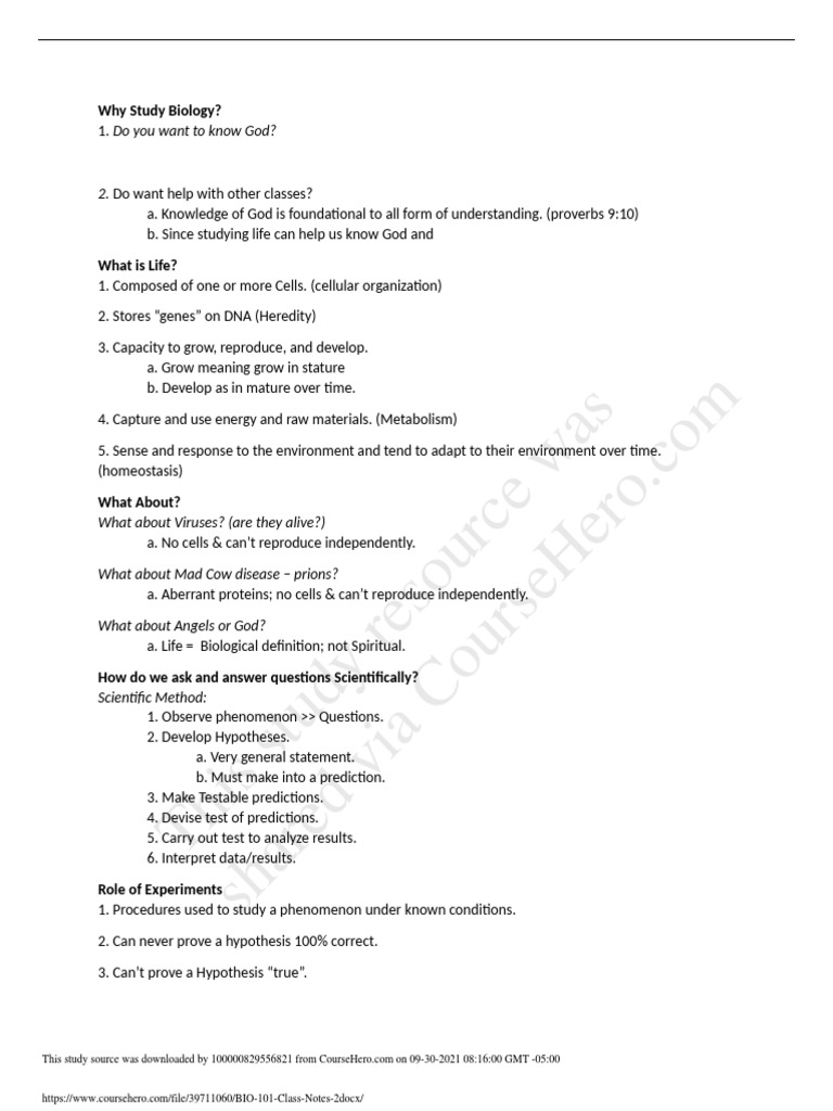 Biology 101 Lecture Notes Overview | PDF | Cell Membrane | Cell (Biology)