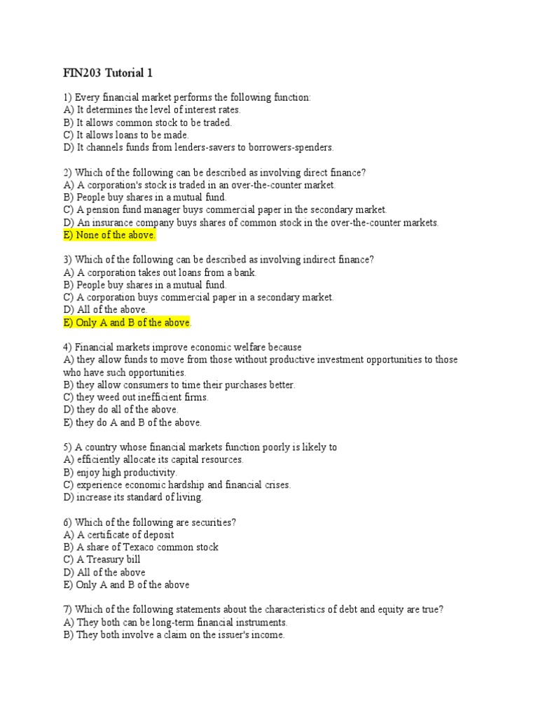 FIN203 Tutorial 1 Q | PDF | Financial Markets | Securities (Finance)
