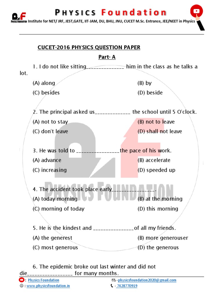 CUCET 2016 Question Paper | PDF | Electron | Heat
