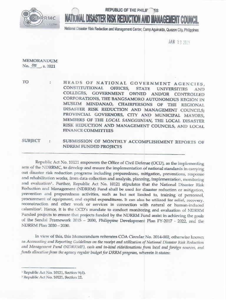 NDRRMC - Memo - No - 05 - S - 2021, Reporting | PDF