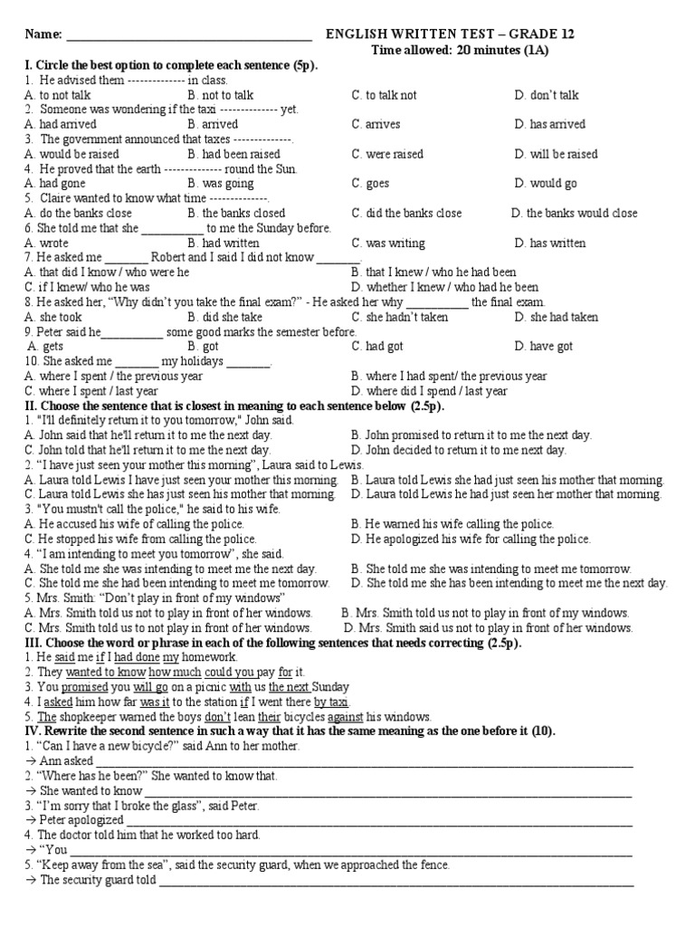Grade 12 English Written Test Guide | PDF | Language Arts & Discipline