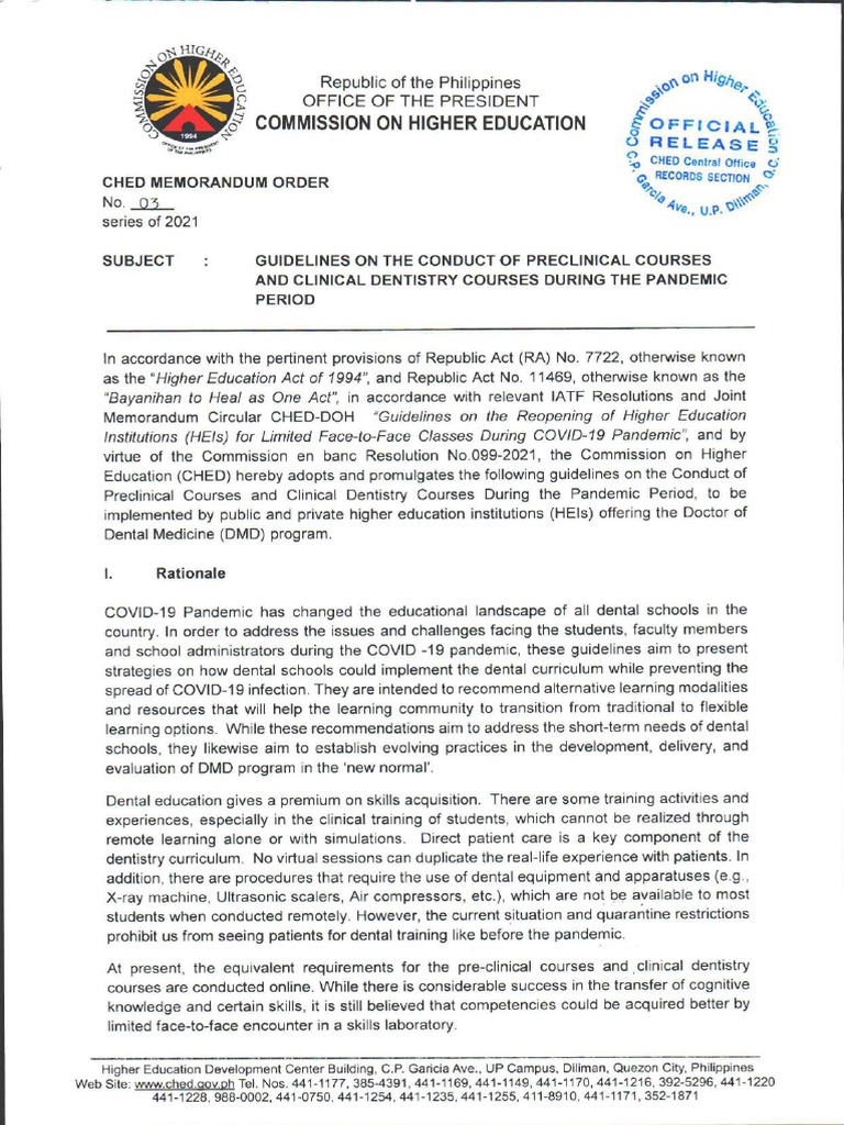 CMO No. 3 S. 2021 Guidelines On The Conduct of Preclinical Courses and ...