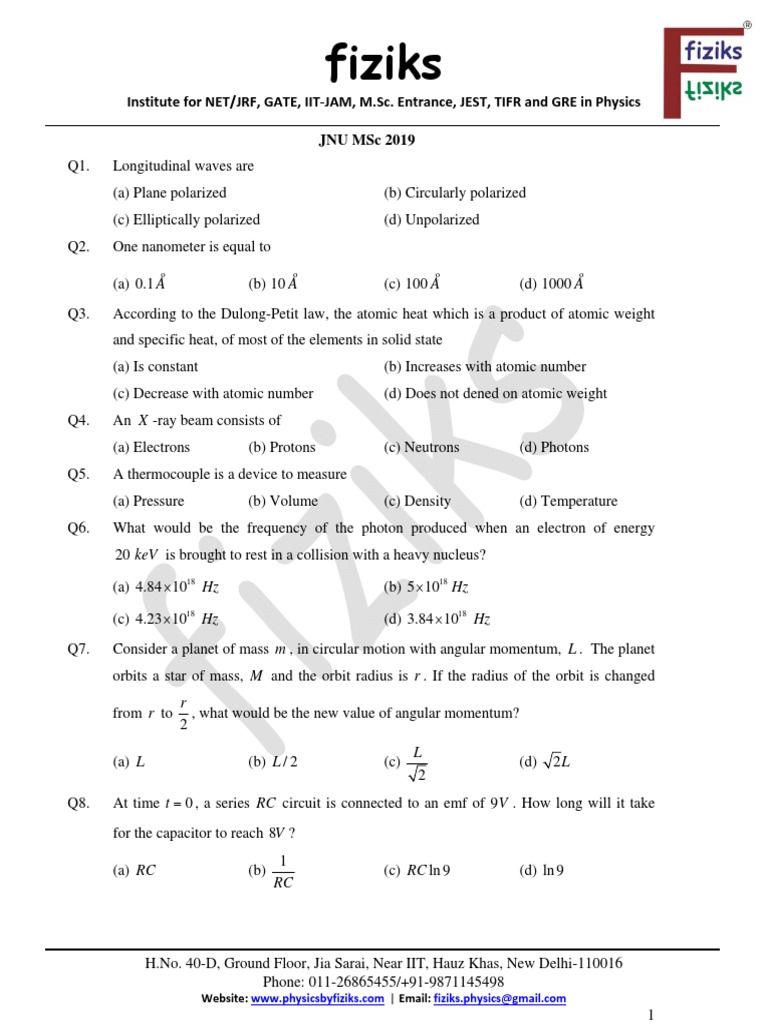 Fiziks: Institute For Net/Jrf, Gate, Iit Jam, M.Sc. Entrance, Jest, Tifr and Gre in Physics Jnu ...
