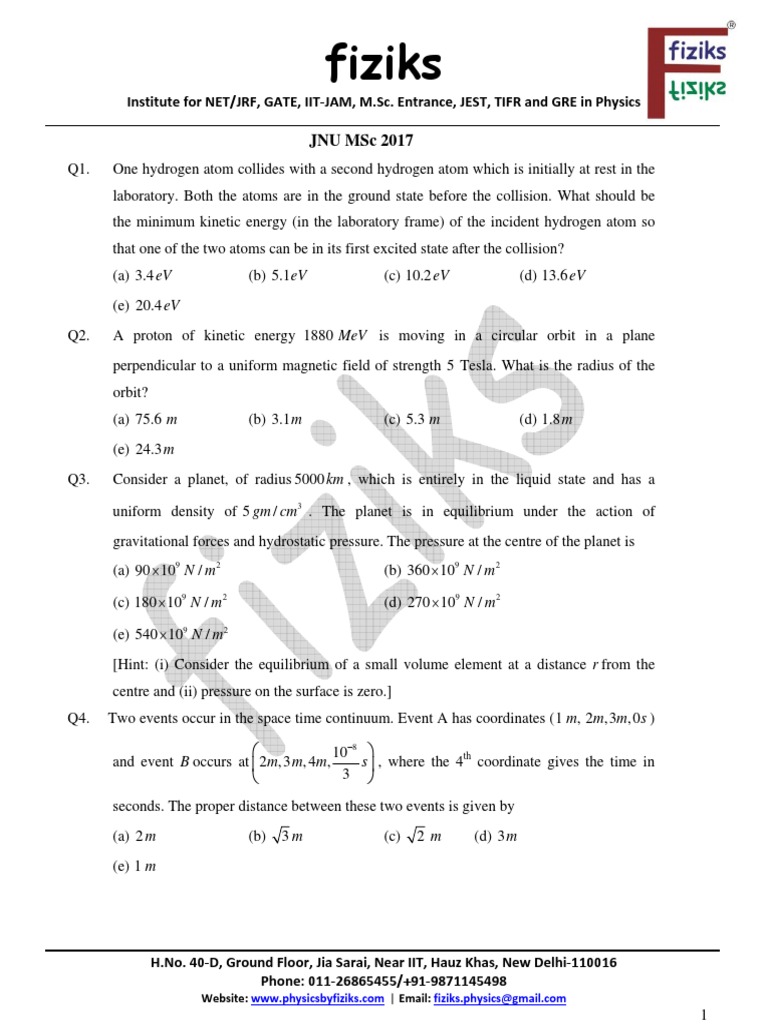 Fiziks: Institute For NET/JRF, GATE, IIT JAM, M.Sc. Entrance, JEST, TIFR and GRE in Physics ...