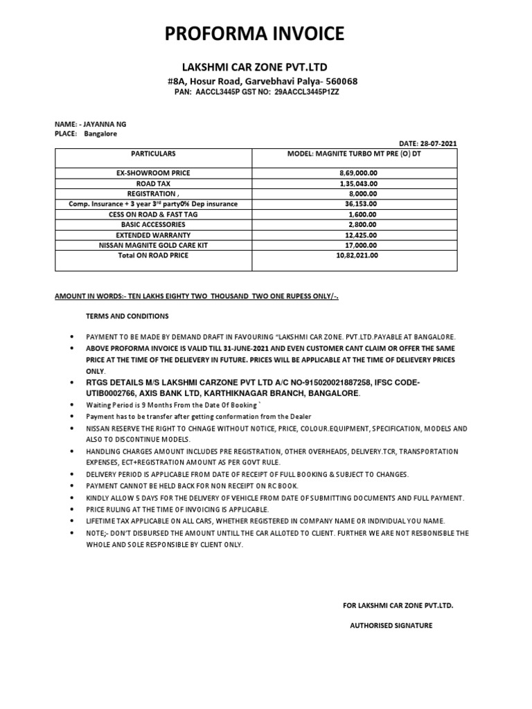 Proforma Invoice: Lakshmi Car Zone PVT - LTD | PDF | Receipt | Invoice