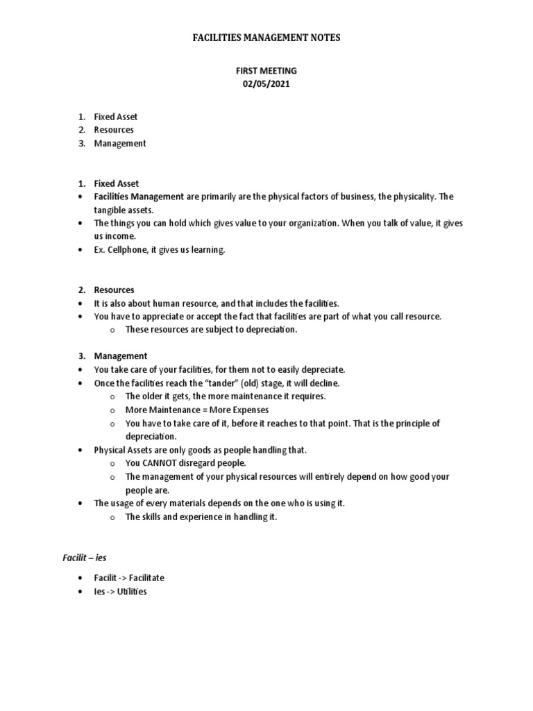 Facilities Management Notes: Facilit - Ies | PDF