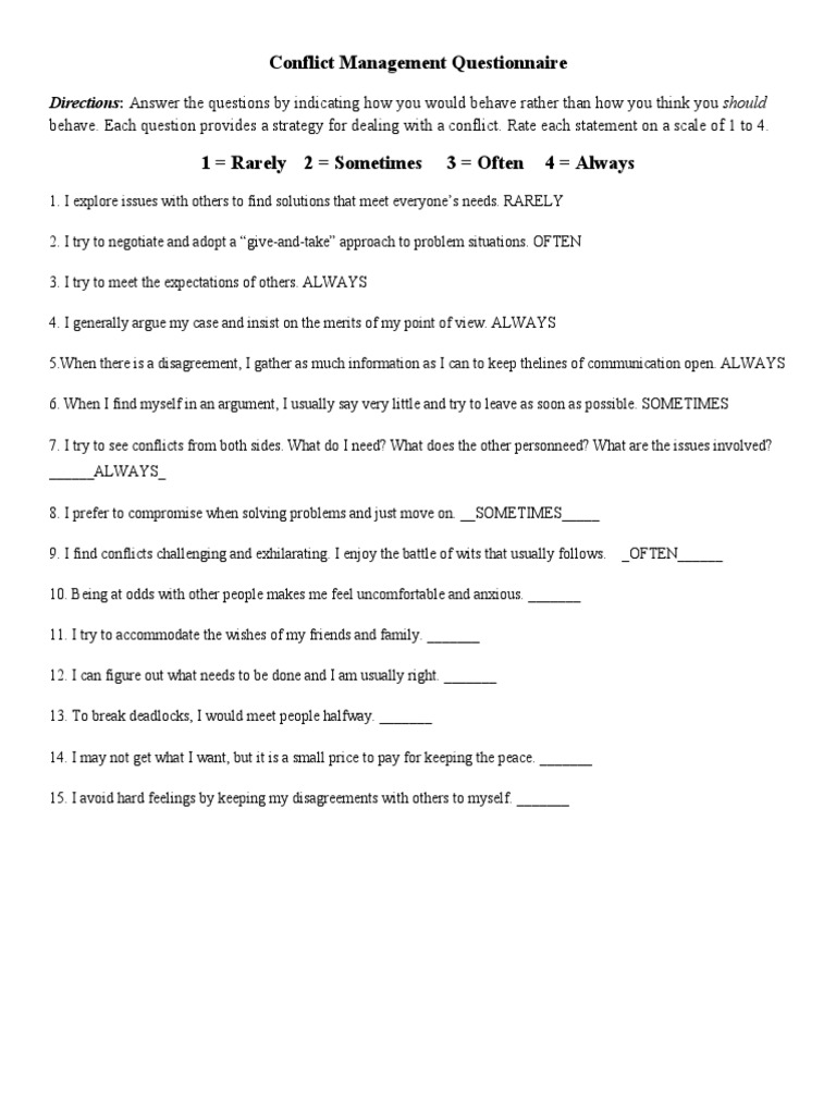 Conflict Management Questionnaire Guide | PDF | Conflict Resolution ...