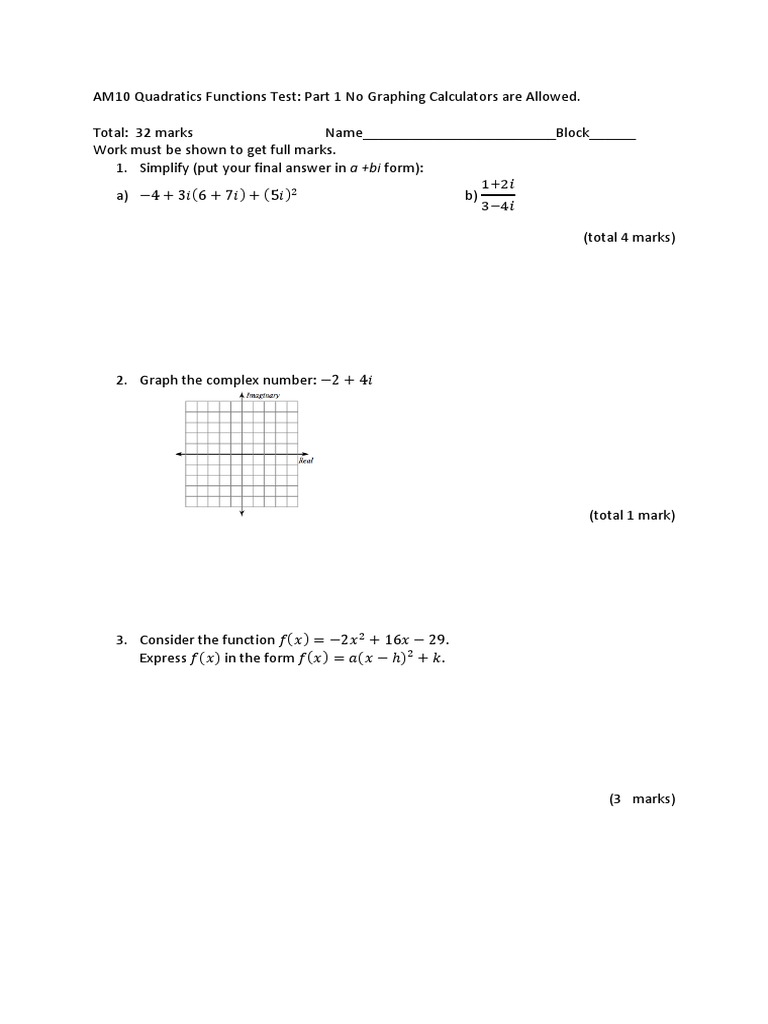 AM10 Quadratics Unit Test V1 Part 1 2021 | PDF