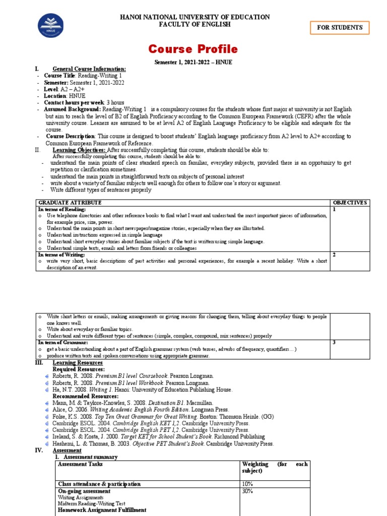 Course Profile: Hanoi National University of Education Faculty of ...