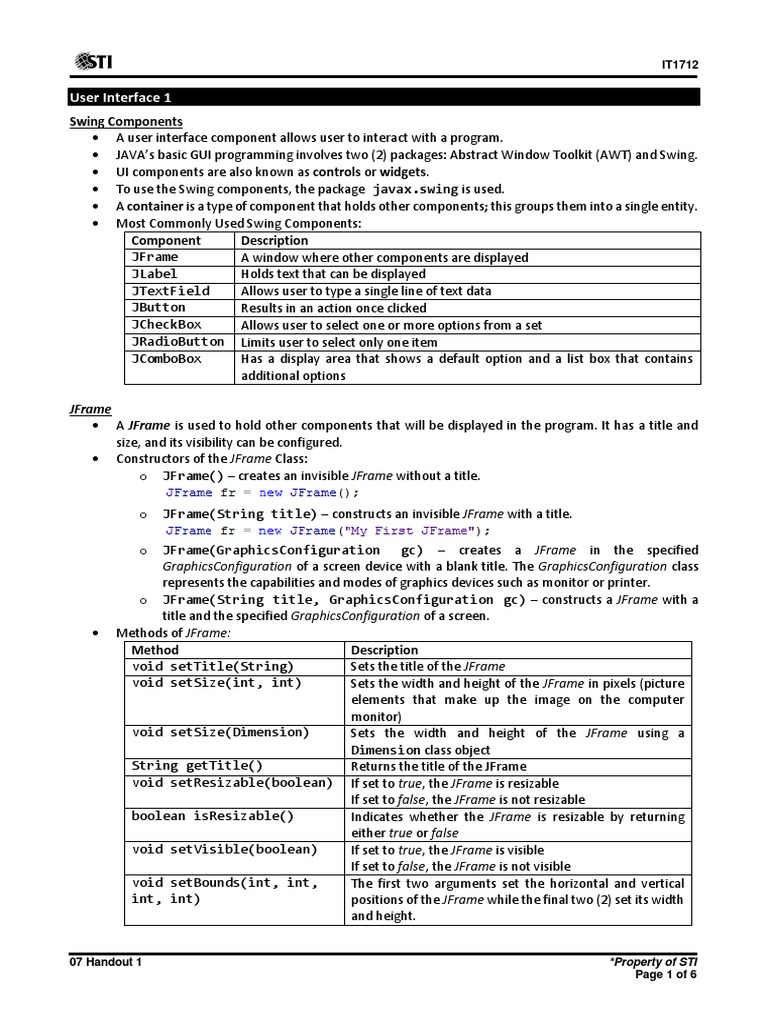 User Interface 1: Swing Components | PDF | Graphical User Interfaces ...