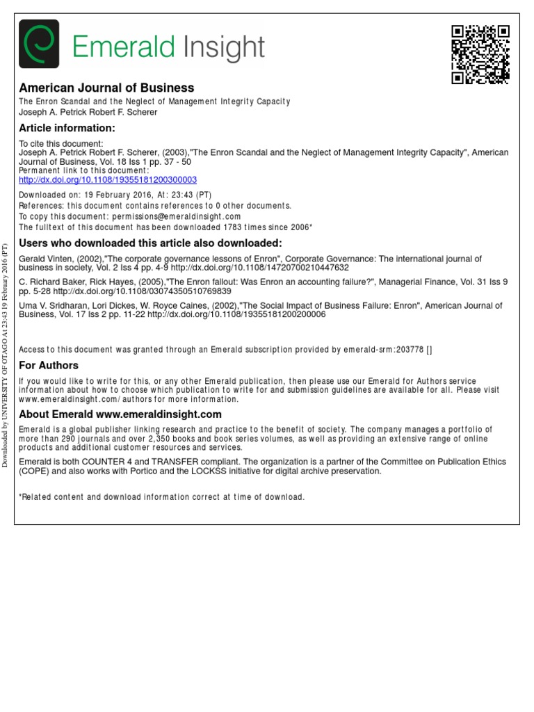 Petrick 2003 | PDF | Enron | Integrity