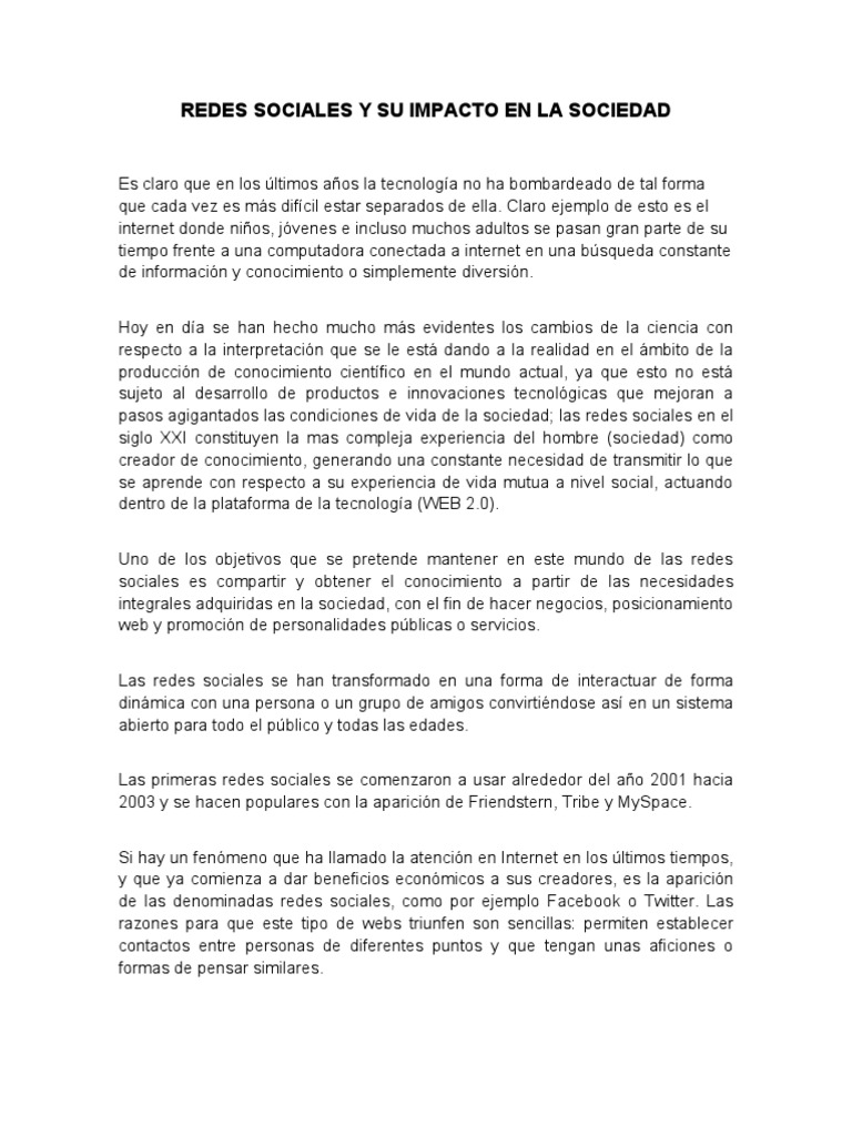 Impacto de las Redes Sociales en la Sociedad | PDF | Servicio de redes ...