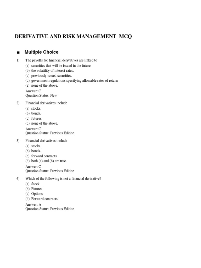 Derivatives and Risk Management MCQs | PDF | Option (Finance) | Put Option