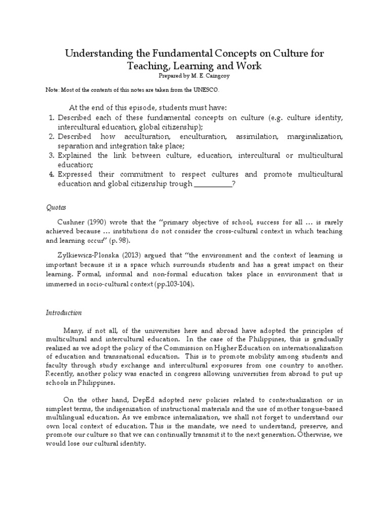Fundamental Concepts of Culture in Education | PDF | Cross Cultural ...