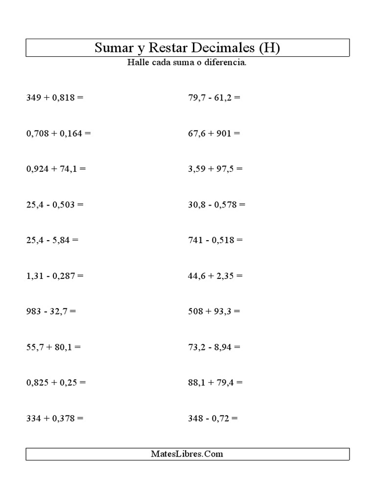 Actividades Con Decimales Para Sexto Grado Operaciones Básicas Con