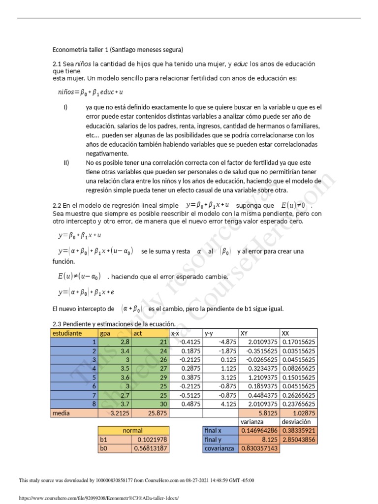 Econometr A Taller 1 | PDF | Econometría | Teoría estadística
