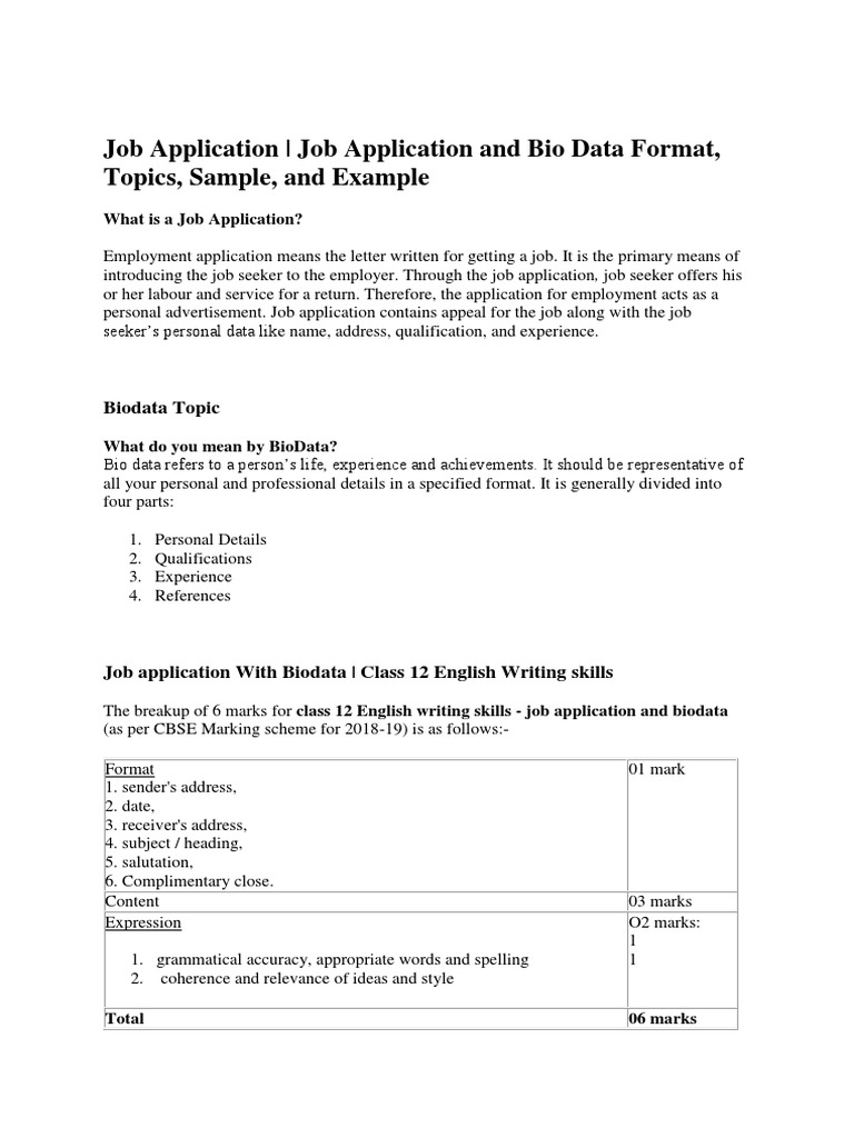 Job Application - Job Application and Bio Data Format, Topics, Sample ...