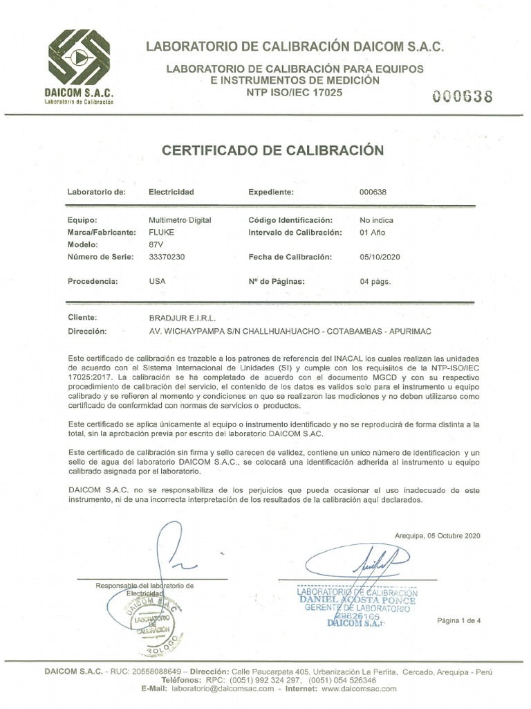 0xx-000638 - Certificado Multimetro Digital 87V - Scan | PDF