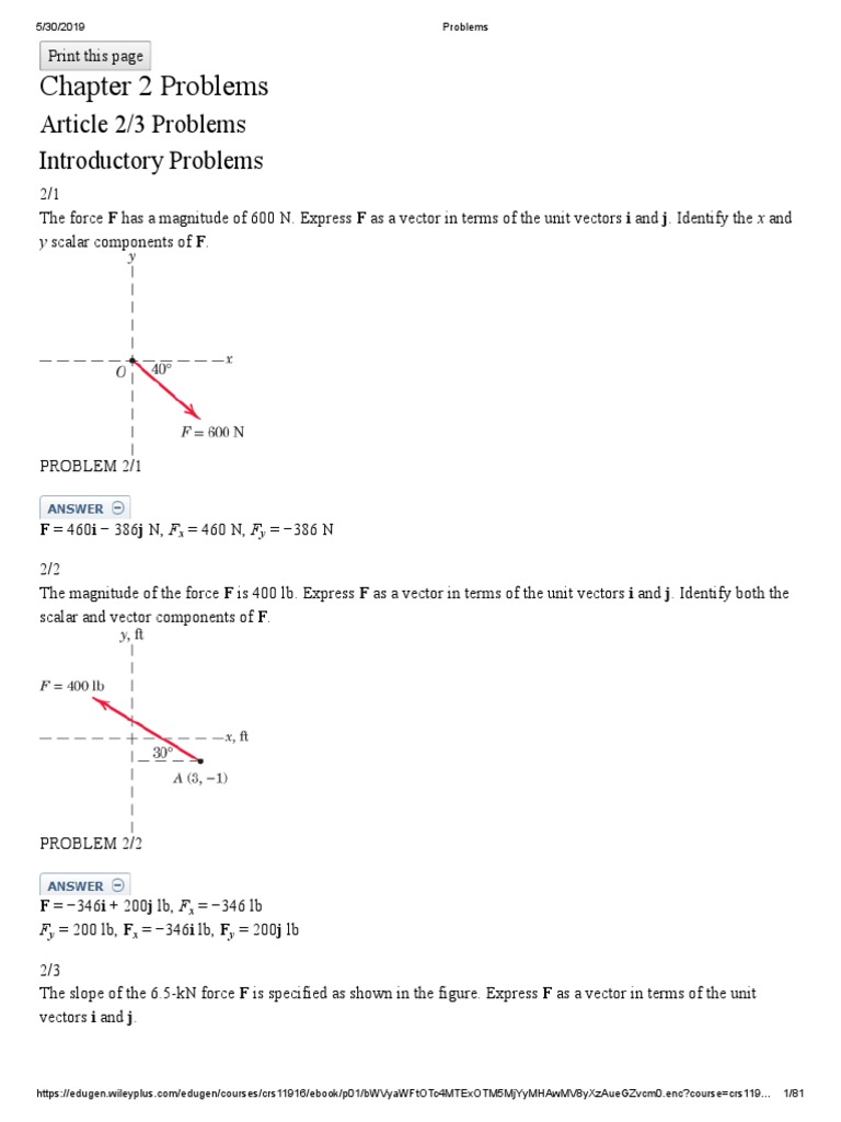 Chapter 2 Problems: Article 2/3 Problems Introductory Problems | PDF | Euclidean Vector | Force