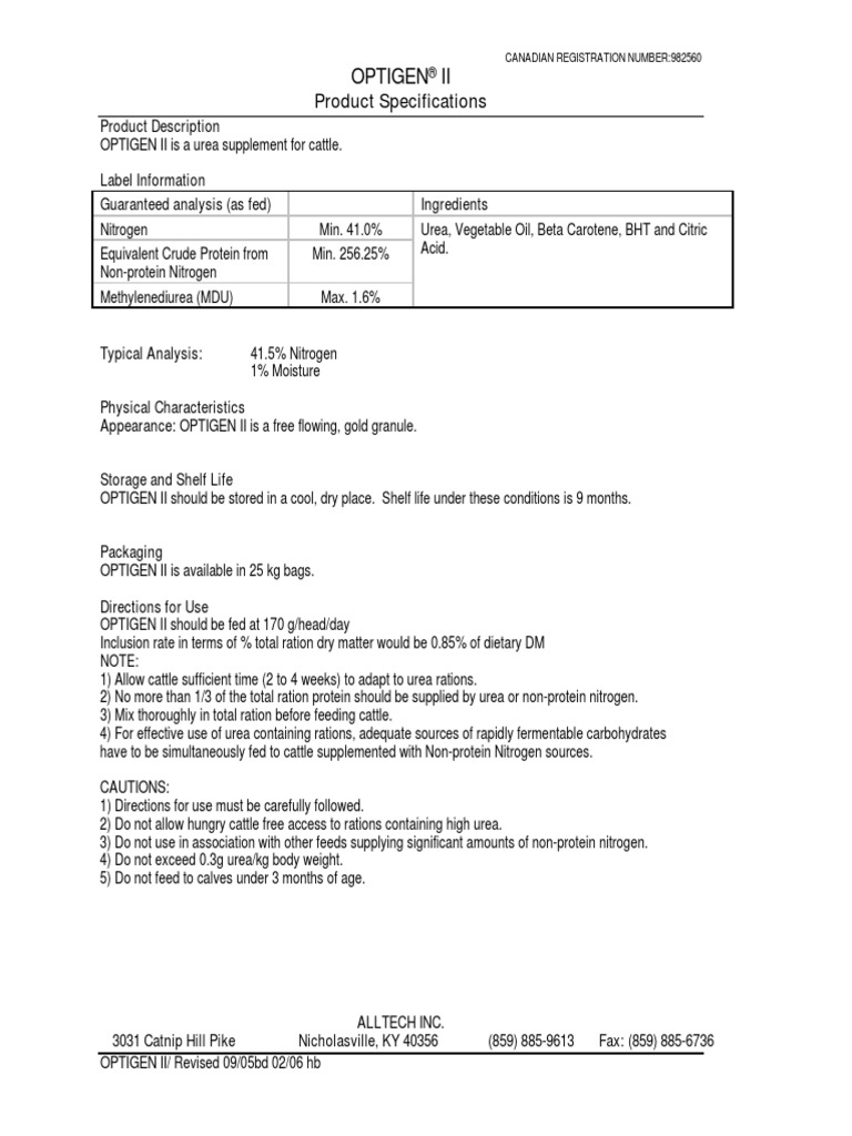 Optigen II: Product Specifications | PDF